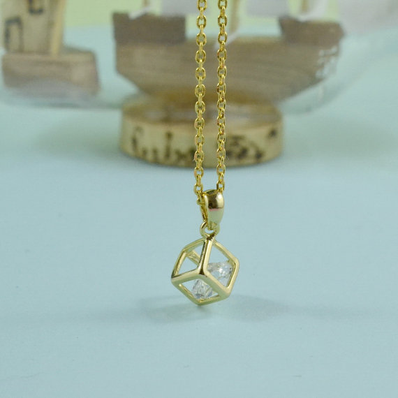 Cube Cubic Zirconia Charm Necklace on Luulla